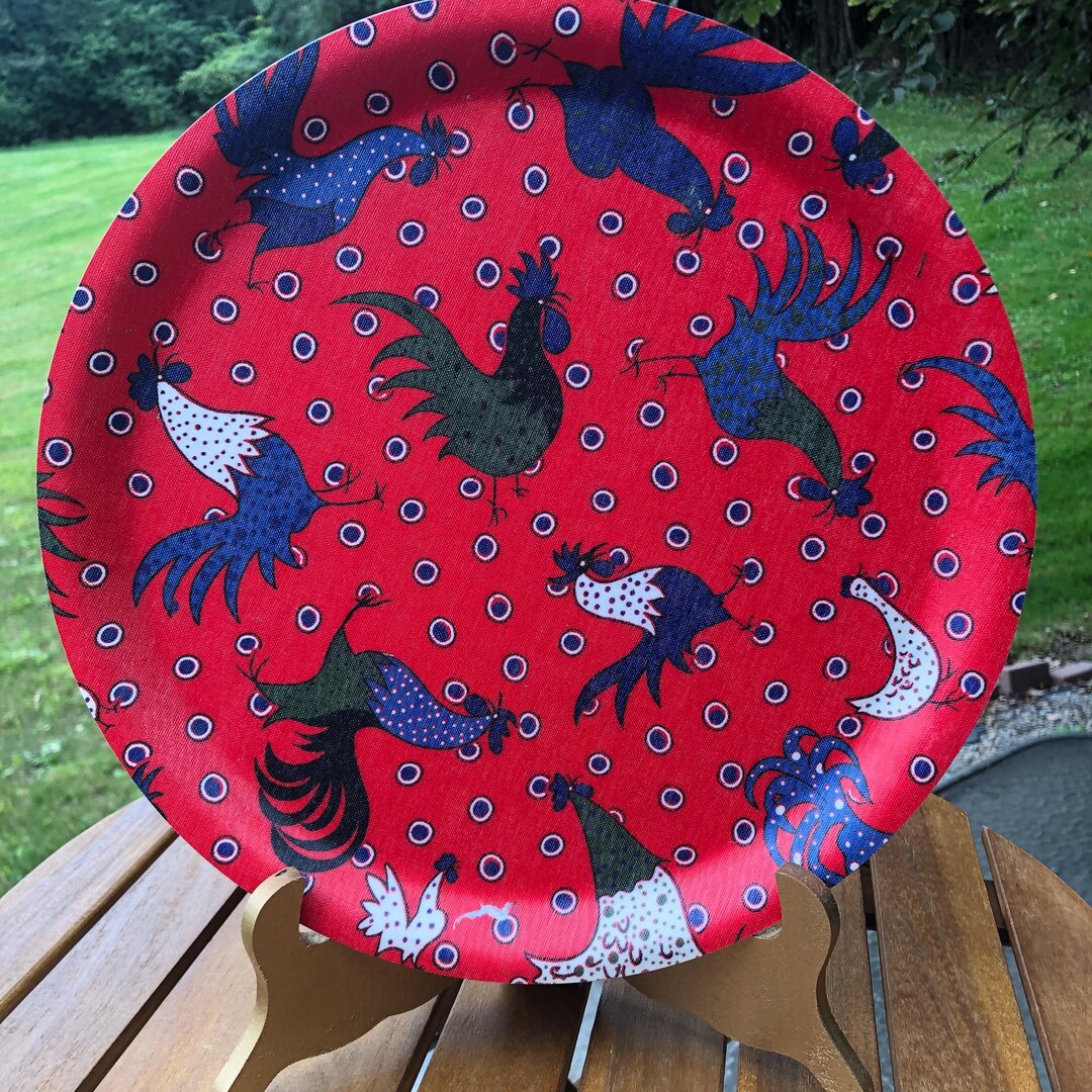 Vintage Red Plastic Rooster or Chicken Tray Large Serving Piece Round ...