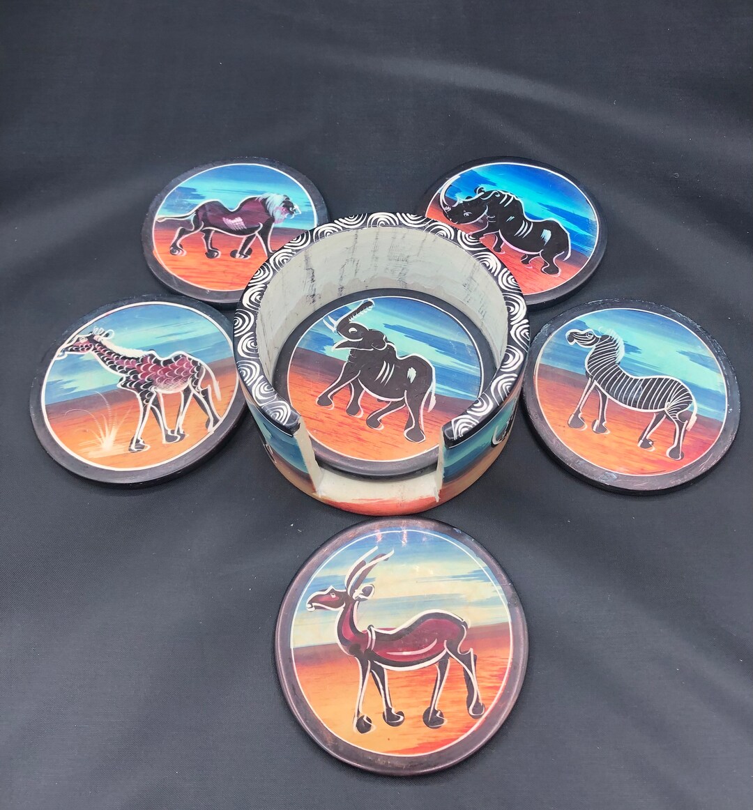 Safari Themed Stone Coasters Set of 6 Plus Holder Giraffe Antelope ...