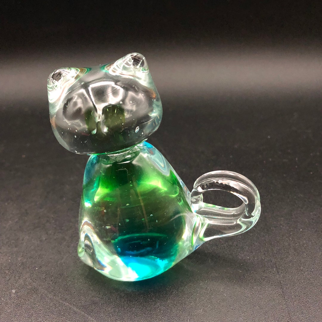 Vintage Art Glass Cat Figurine, Clear & Blue-green, Polished Bottom, 3 ...