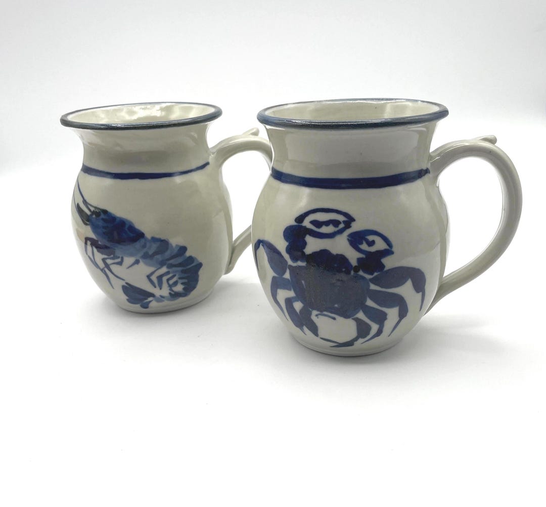 Studio Pottery Sea Creatures Pottery Mugs: Signed Ceramic Crab & Shrimp ...