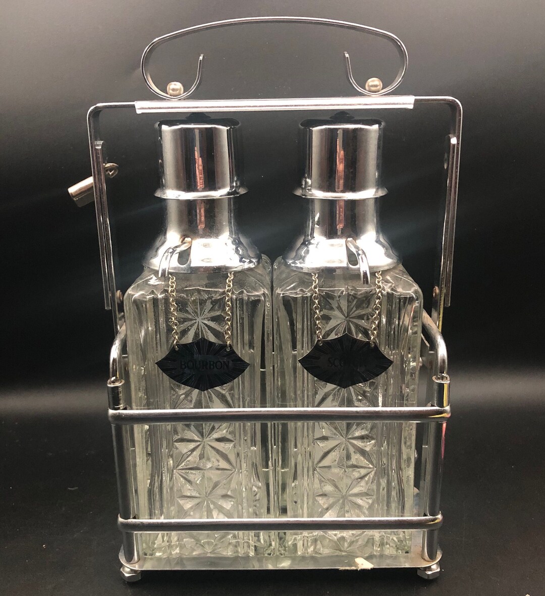 Mid Century Glass Decanter Bar Set With Chrome Carrier and Working ...