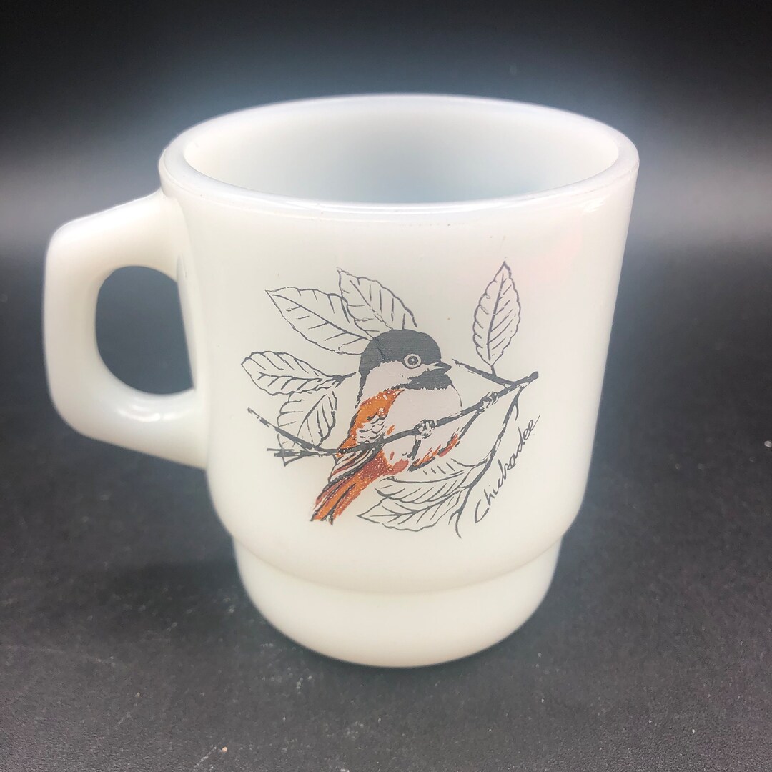 Vintage Anchor Hocking Chickadee and Blue Jay Mug Birds Milk Glass ...