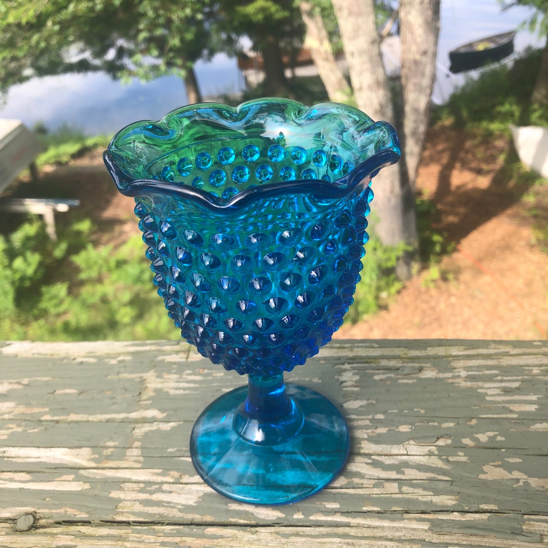 Fenton Peacock Blue Hobnail Goblet Glass Ruffled Lip Stem 5.5" Tall ...