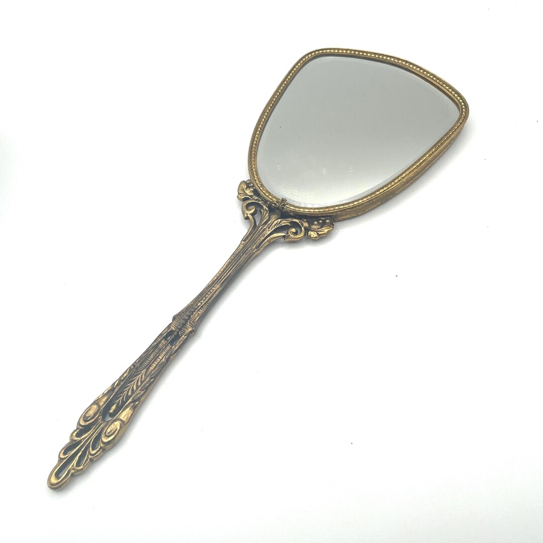 Hollywood Regency Style Vanity Mirror Gold Tone Metal 13" Long Handle ...