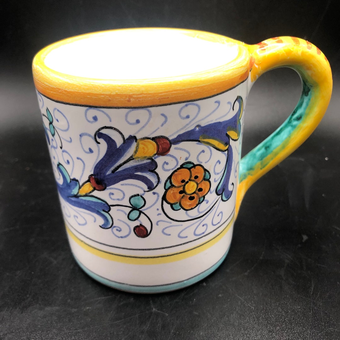 Deruta Mug Made in Italy Flowers Scrolls Hand Painted Yellow Green Blue ...