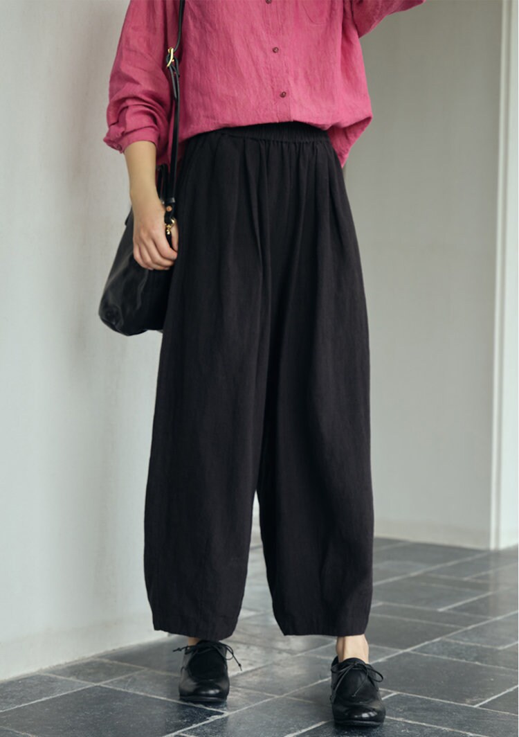 Cotton Line Pants for Women Soft Wide-leg Trousers Elastic Waist Pants ...