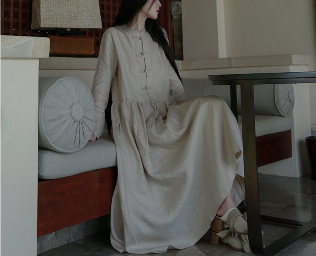Women’s Linen Dress Long Sleeves Mid Dress Plus Size Clothing Spring ...