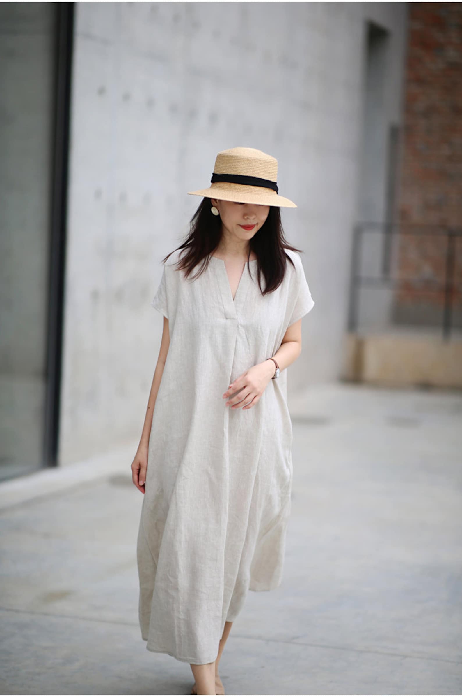 Women's Linen Dress Linen Home Wear V Neck Short Sleeves Long Dress ...