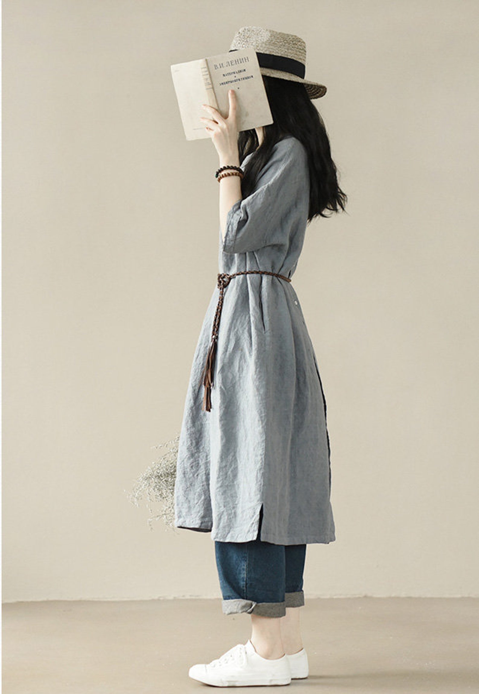 Women's Linen Dress, Linen Home Wear, Short Sleeves Long Dress, Plus ...