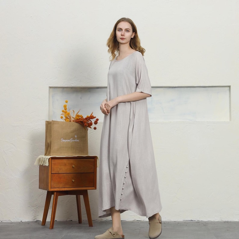 Cotton Linen Dress Summer Midi Balloon Dress Women Half Sleeve Dress ...