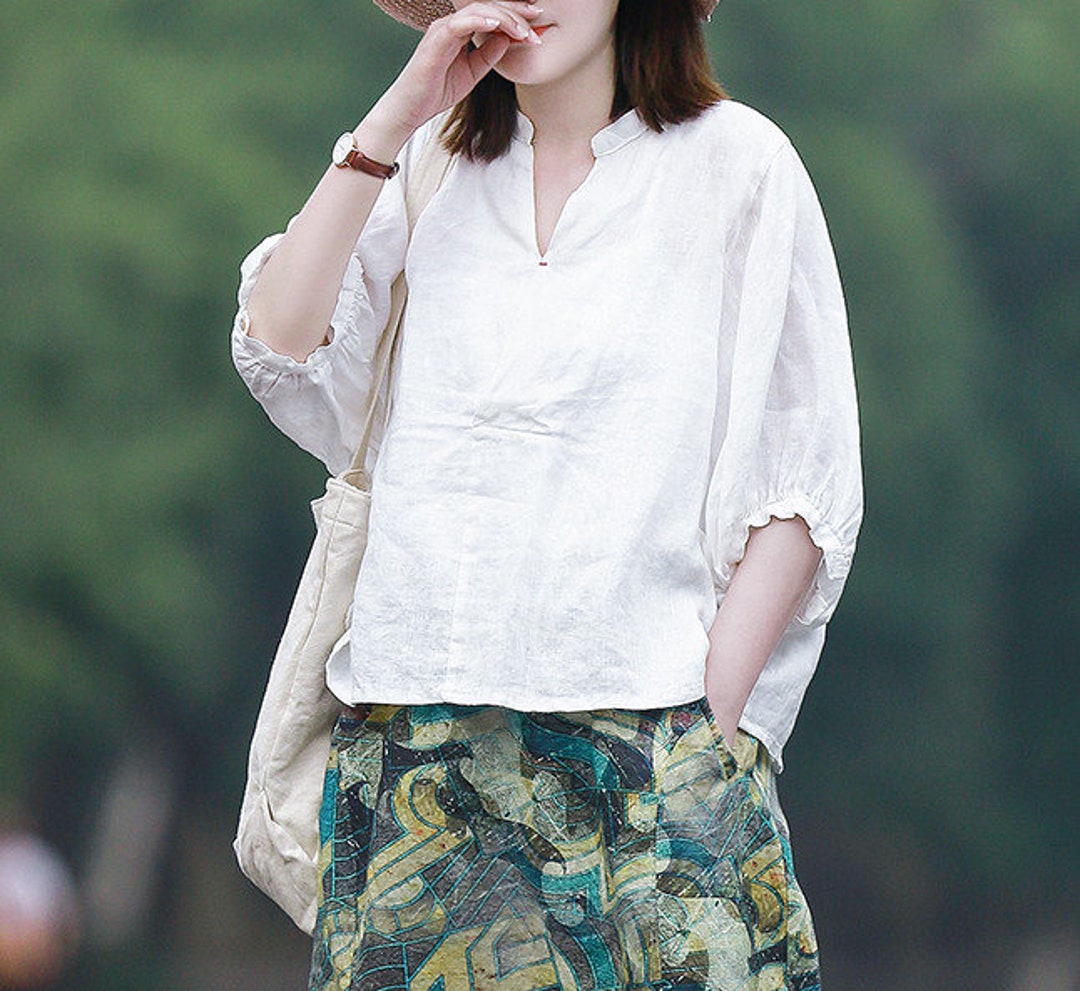 Linen Top With 3/4 Sleeve Top V-neck Top for Women Loose Linen Blouse ...