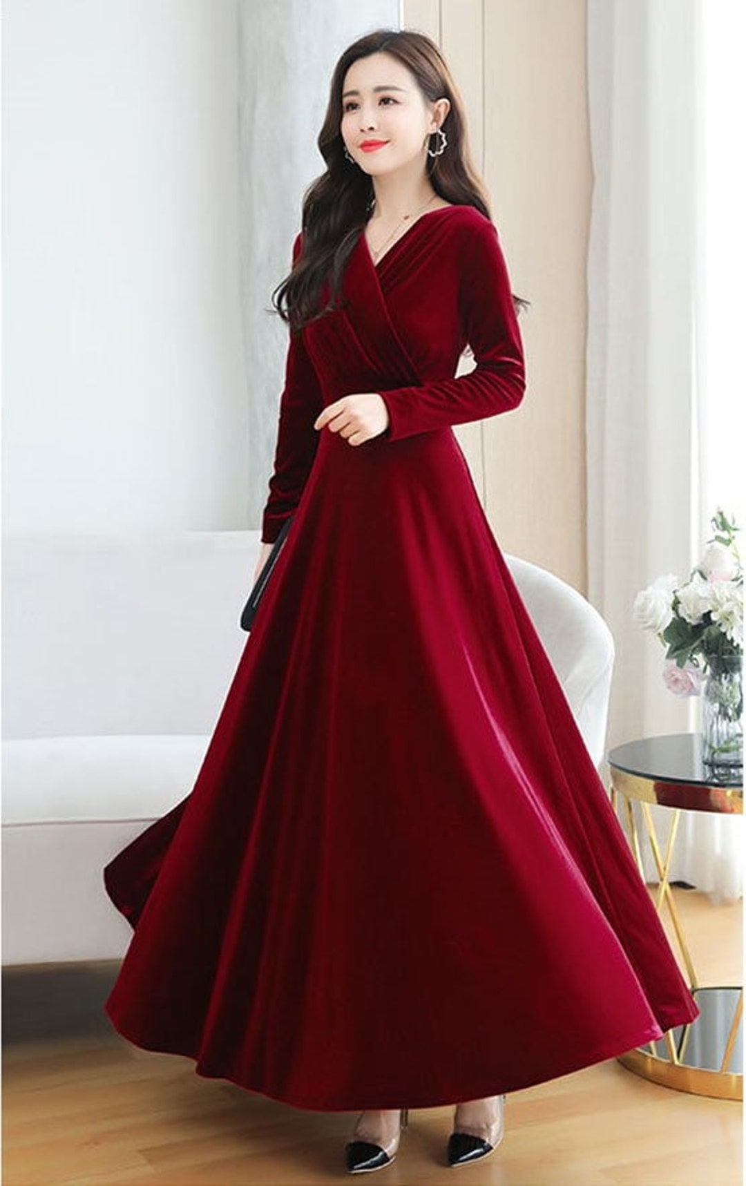 Velvet Dress for Women Long Sleeves Dress With Pockets Burgundy ...