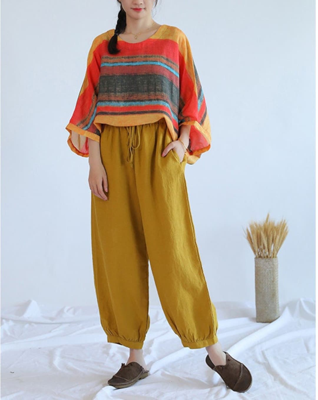 Cotton Line Pants for Women Soft Wide-leg Trousers Elastic Waist Pants ...