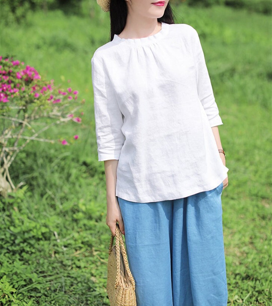 Pure Linen Tops for Women Linen Blouses Half Sleeves Shirt Casual Loose ...