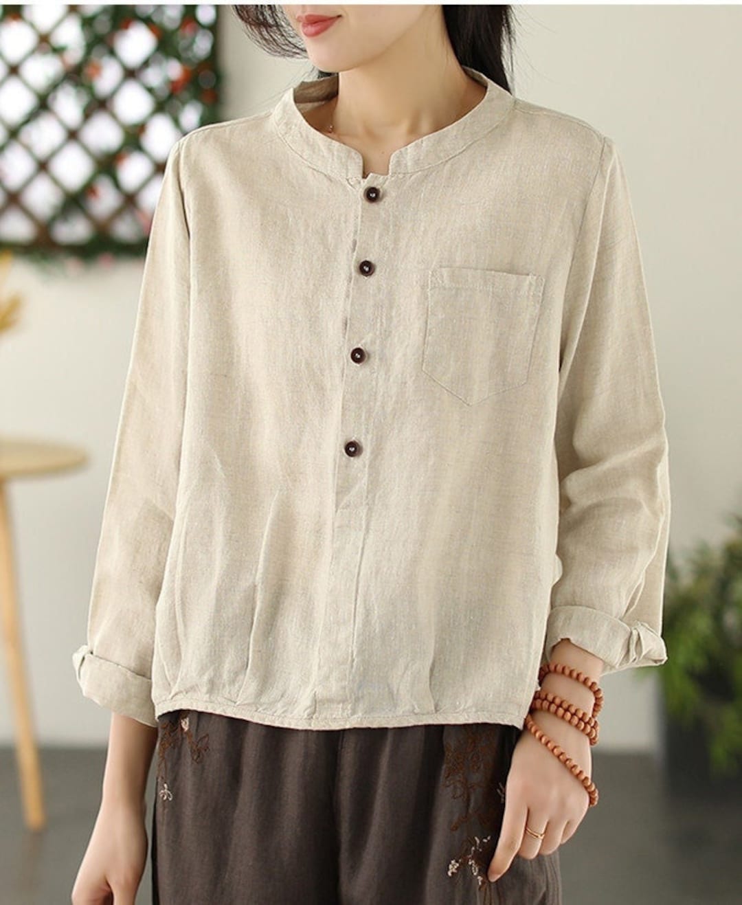 Women Linen Tops Long Sleeves Spring Summer Linen Tunic Shirt Loose ...