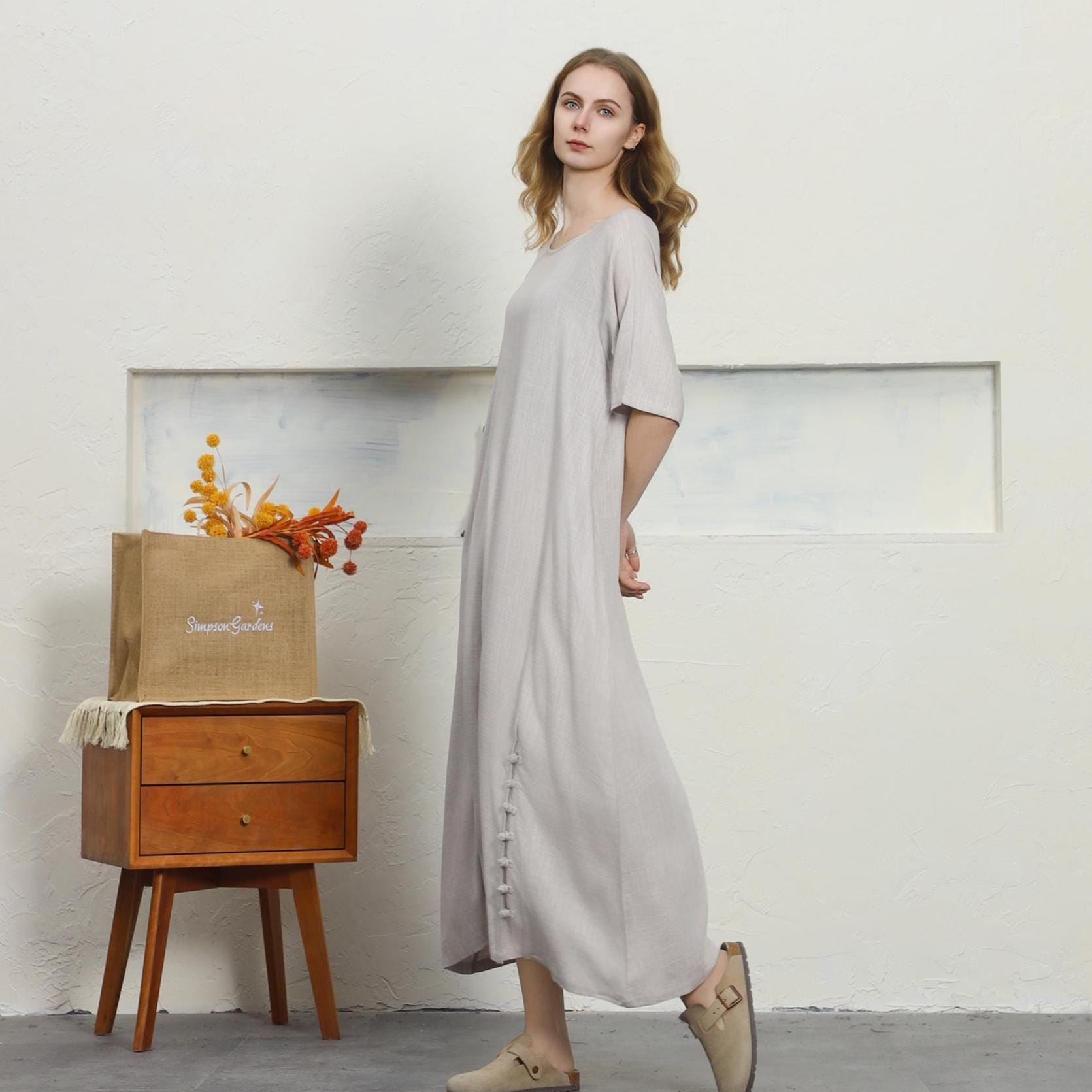 Cotton Linen Dress Summer Midi Balloon Dress Women Half Sleeve Dress ...