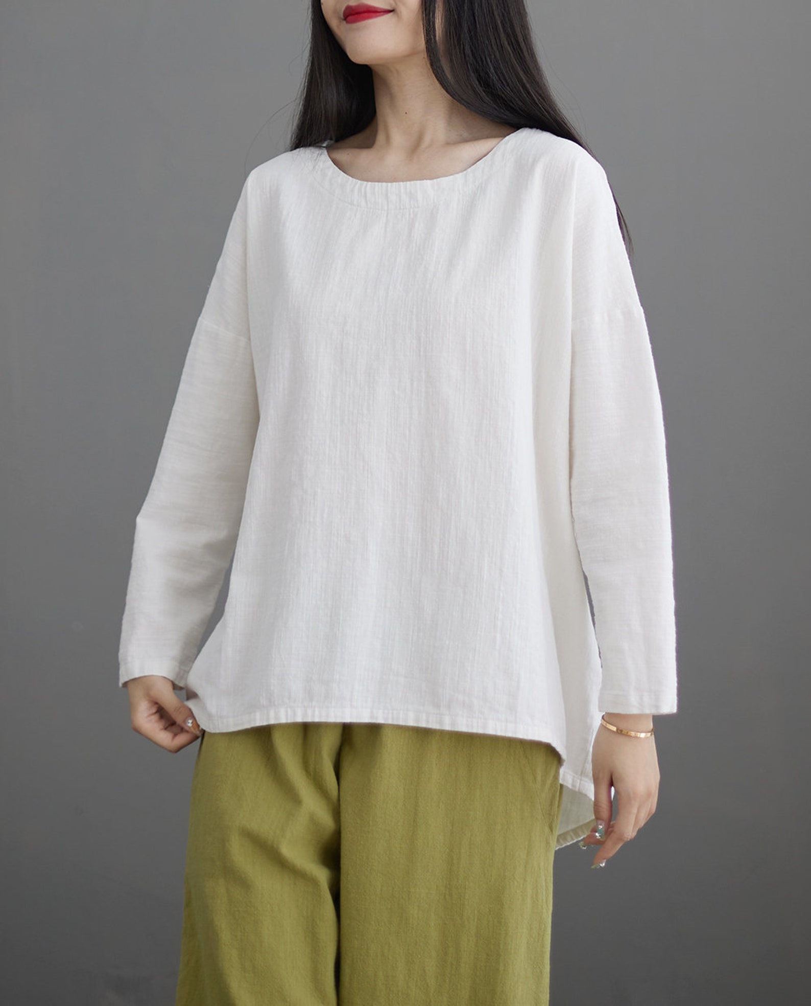 Damen Leinen Tops Oversized Shirt weiche Blusen lange Ärmel Crop Top ...