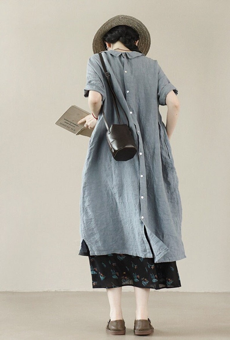 Women's Linen Dress, Linen Home Wear, Short Sleeves Long Dress, Plus ...