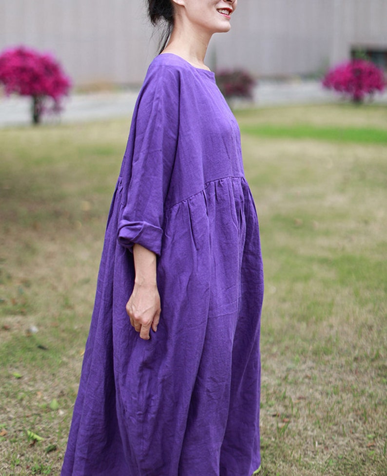 Women Linen Dress Linen Maxi Dress Long Sleeves Floor Dress Loose ...