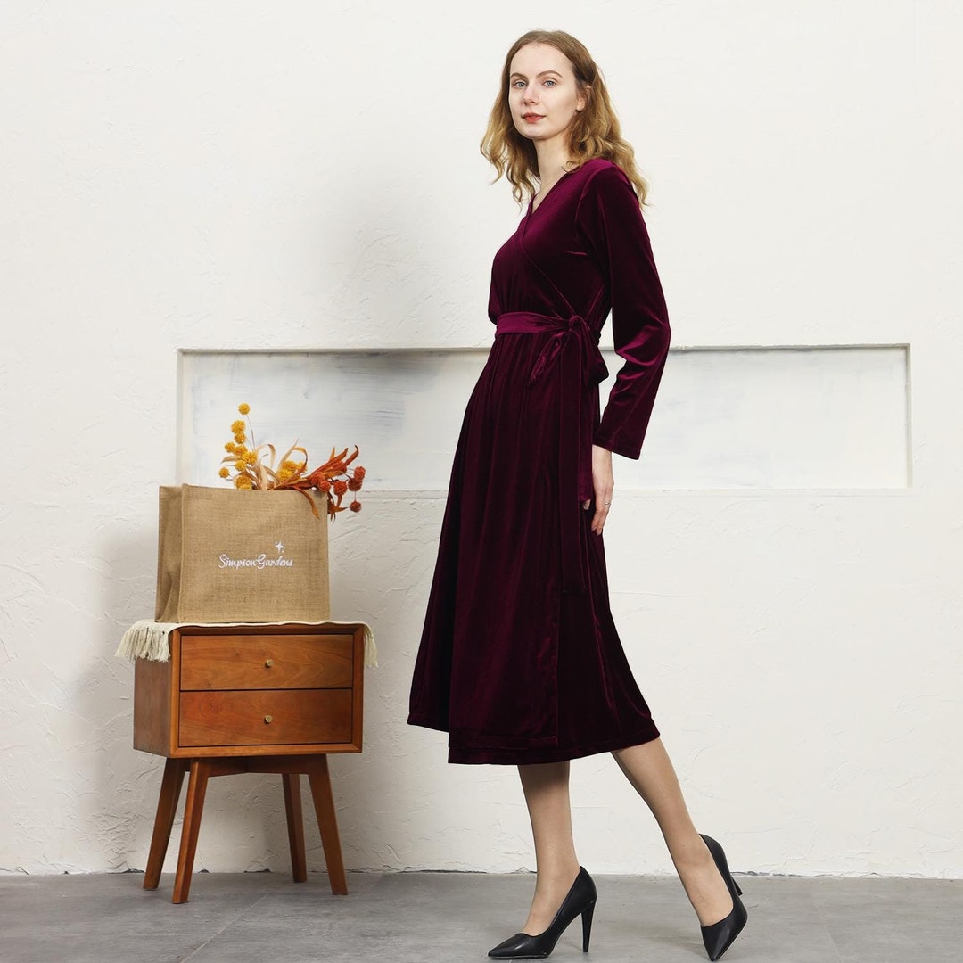 Burgundy Velvet Dress Women Wrap Dress Long Sleeve Robe for Wedding ...