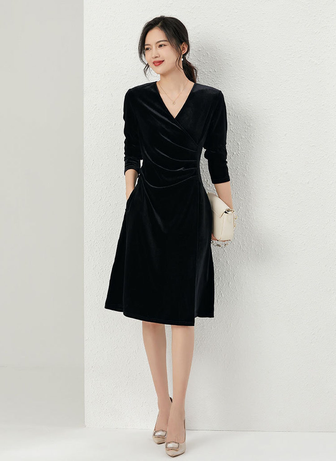 Women Velvet Dresses Fall Winter Midi Dress Black Formal Dress - Etsy