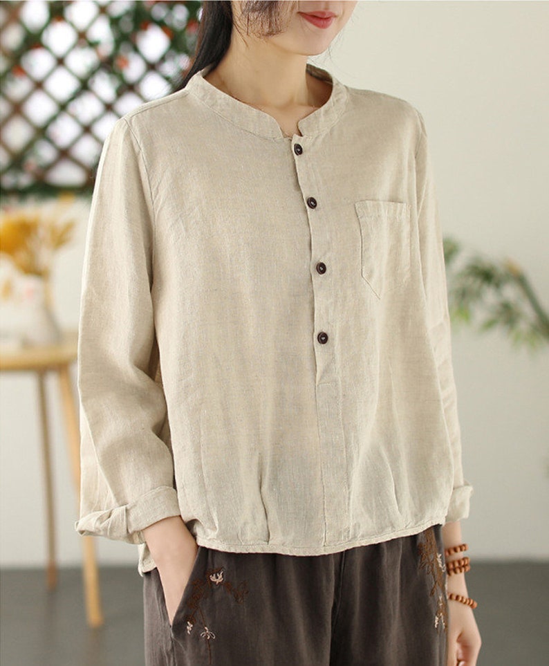 Women Linen Tops Long Sleeves Spring Summer Linen Tunic Shirt Loose ...