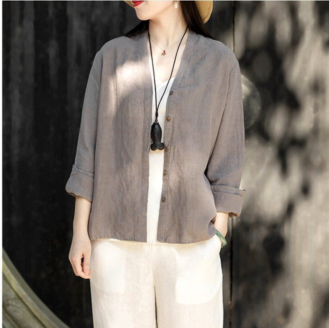 Women Linen Coat, Linen Tunic Tops, Summer Linen Shirts, Loose Casual ...