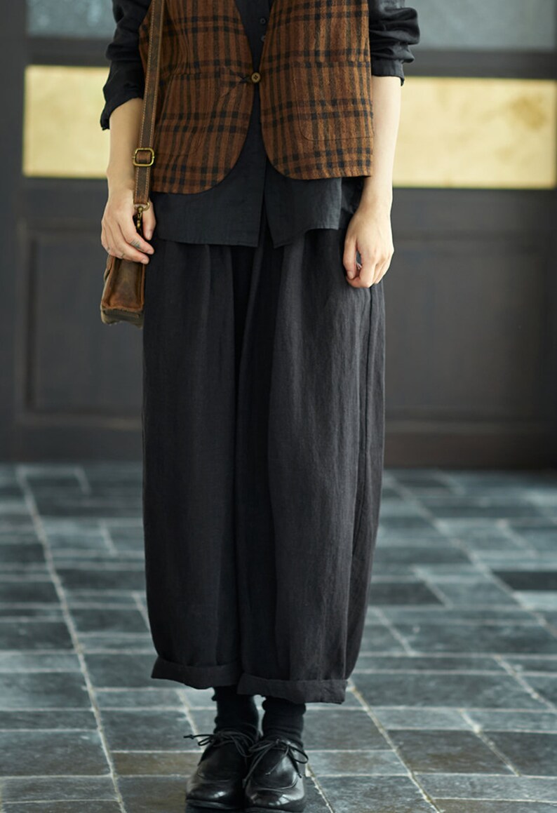 Cotton Line Pants for Women Soft Wide-leg Trousers Elastic Waist Pants ...