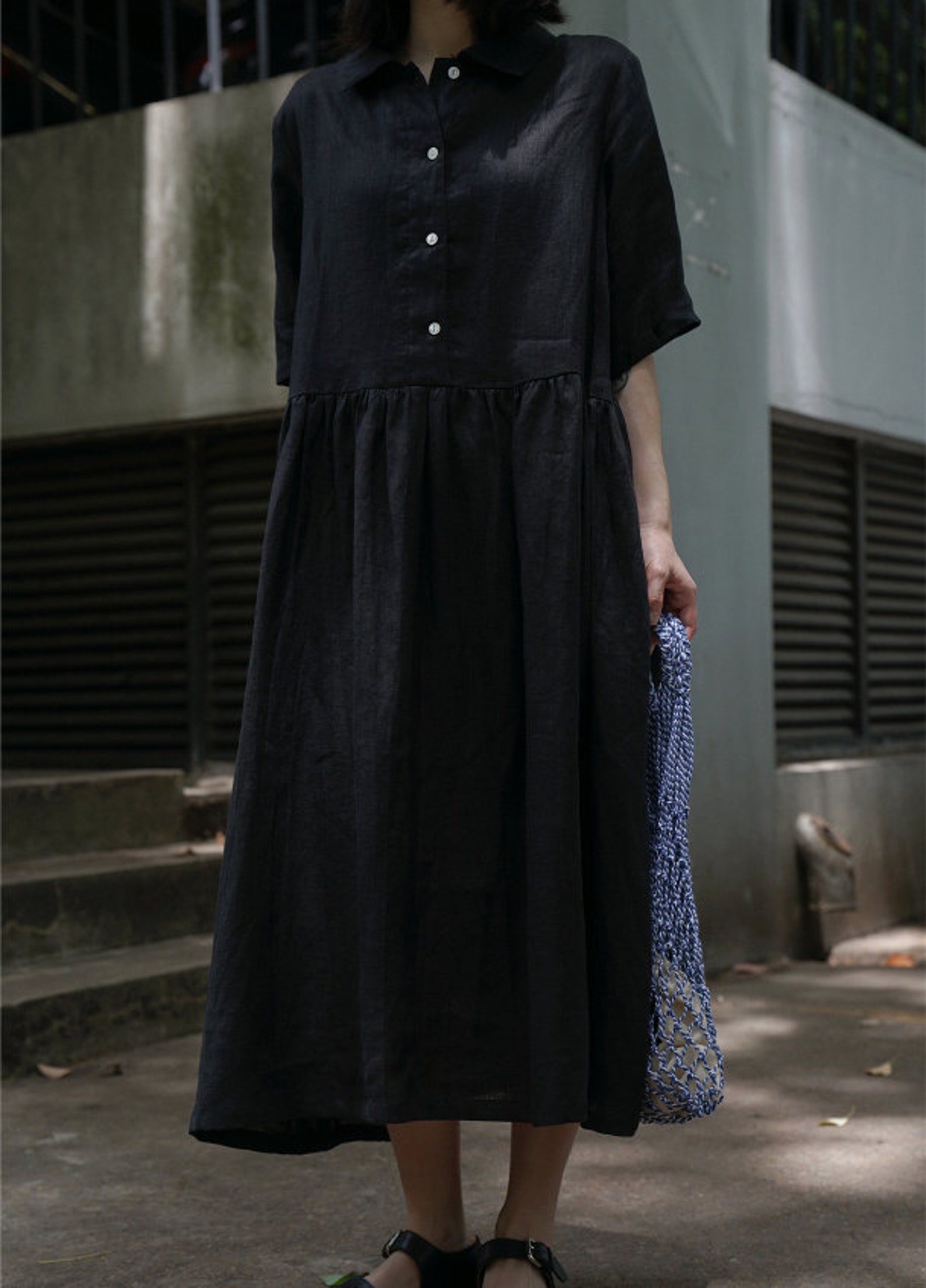 Women’s Linen Dress Pure Linen Clothing Pleated Short Sleeve Shirt ...