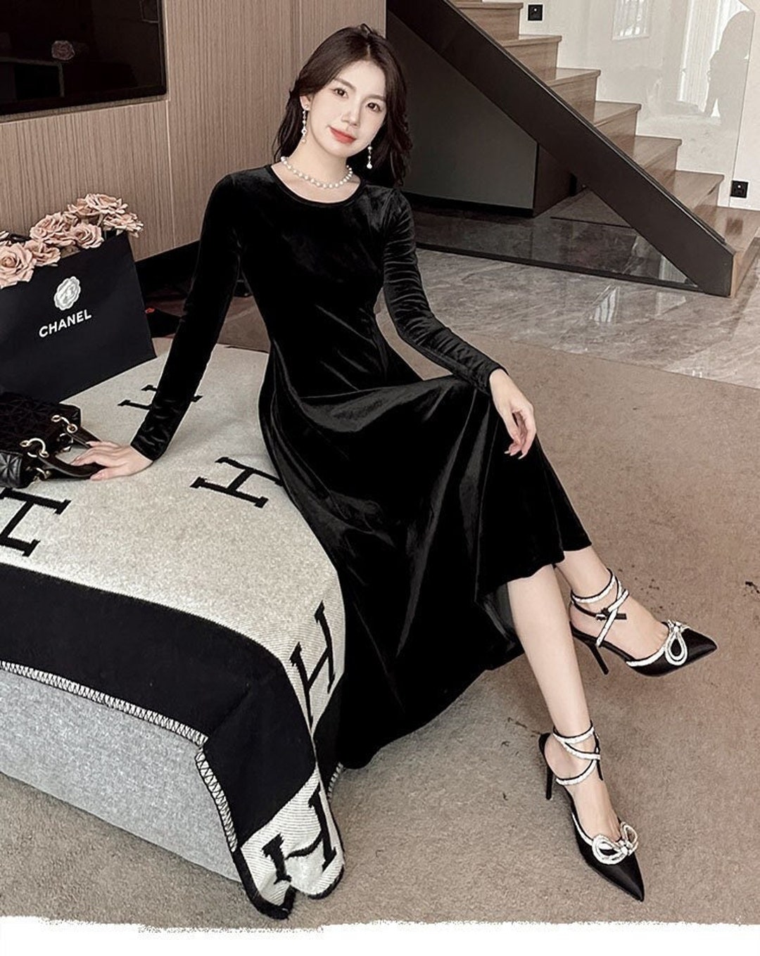 Fall Velvet Dress for Women Velvet Long Sleeves Midi Dress Black Formal ...
