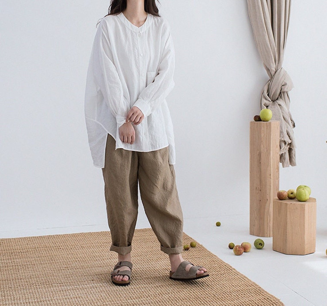 Women Linen Shirts, Oversized Linen Blouses, Handmade Plus Size Linen ...