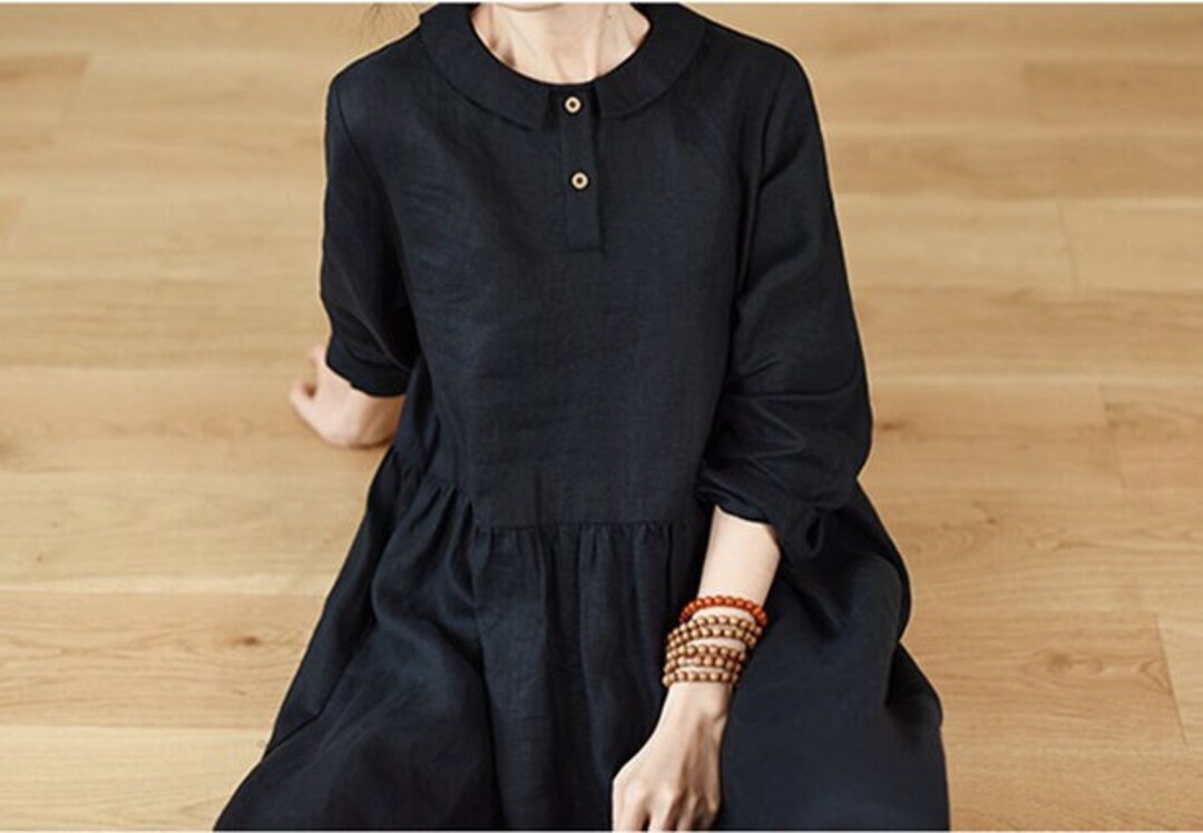 Women's Linen Dress Linen Home Wear Long Sleeves Midi Dress Plus Size ...
