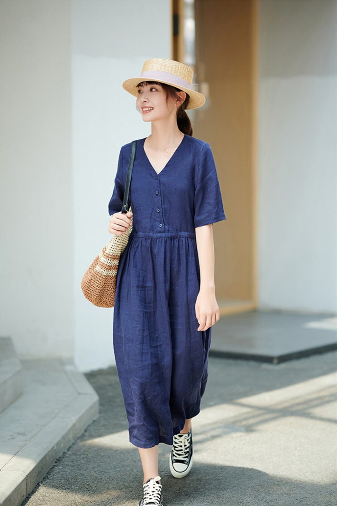 Linen Wrap Dress for Women, Half Sleeves Midi Dress With Belt, Casual ...