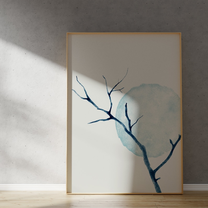 Watercolor Japandi Wall Art, Navy Blue Japanese Art Print, Earth Tone ...