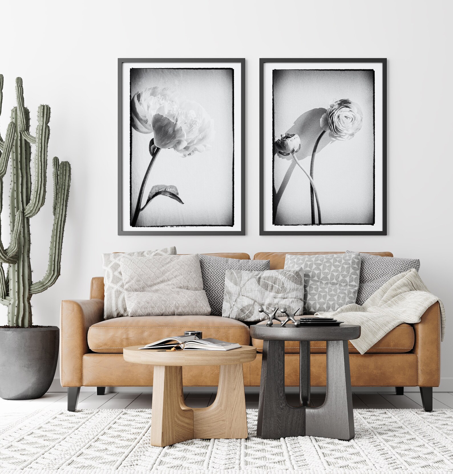 Set of 2 Black White Print Flower Wall Art Black White | Etsy