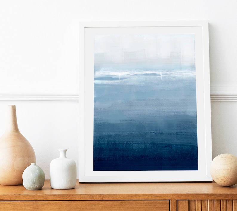 Abstract Coastal Landscape, Navy Blue Home Decor, Cottage Coastal Wall ...