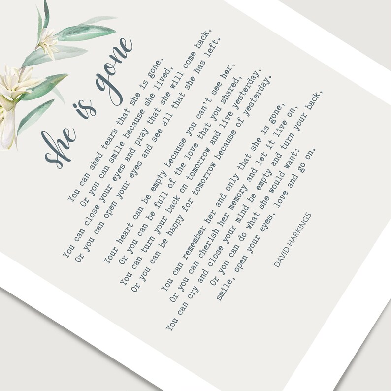 Remembrance Gift and Sympathy Quote From She is Gone by David Harkings ...