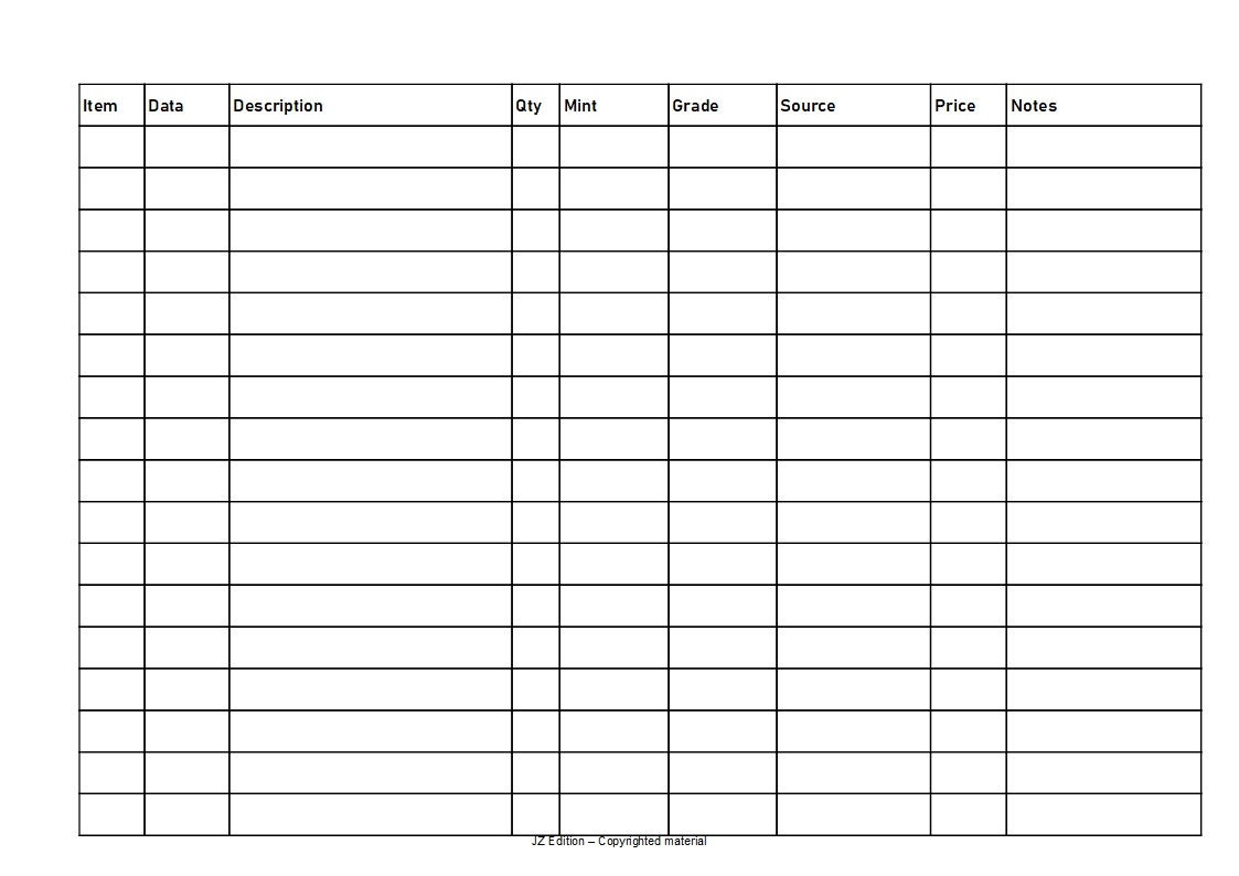 Blank Coin Inventory Sheets