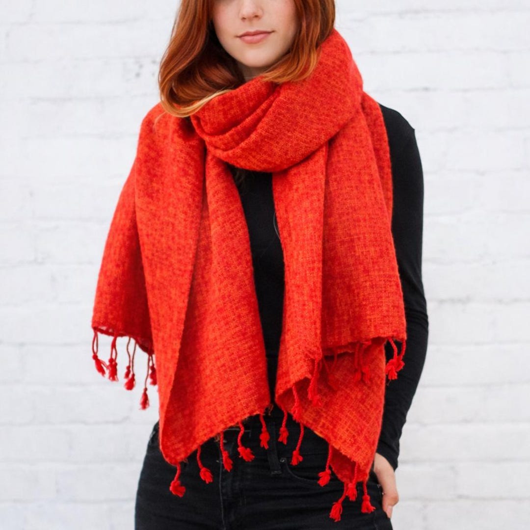 Yak Style Shawl - Soft Fluffy Nepalese Shawl - Wool-free Wrap - Orange ...