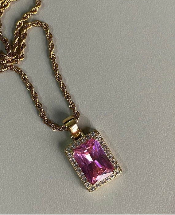 18k Pink Gem Necklace Gemstone necklace Rose quarters Rose | Etsy