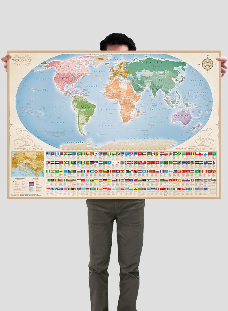 World Map with Country Flags Educational Roll-up Paper Poster | Etsy