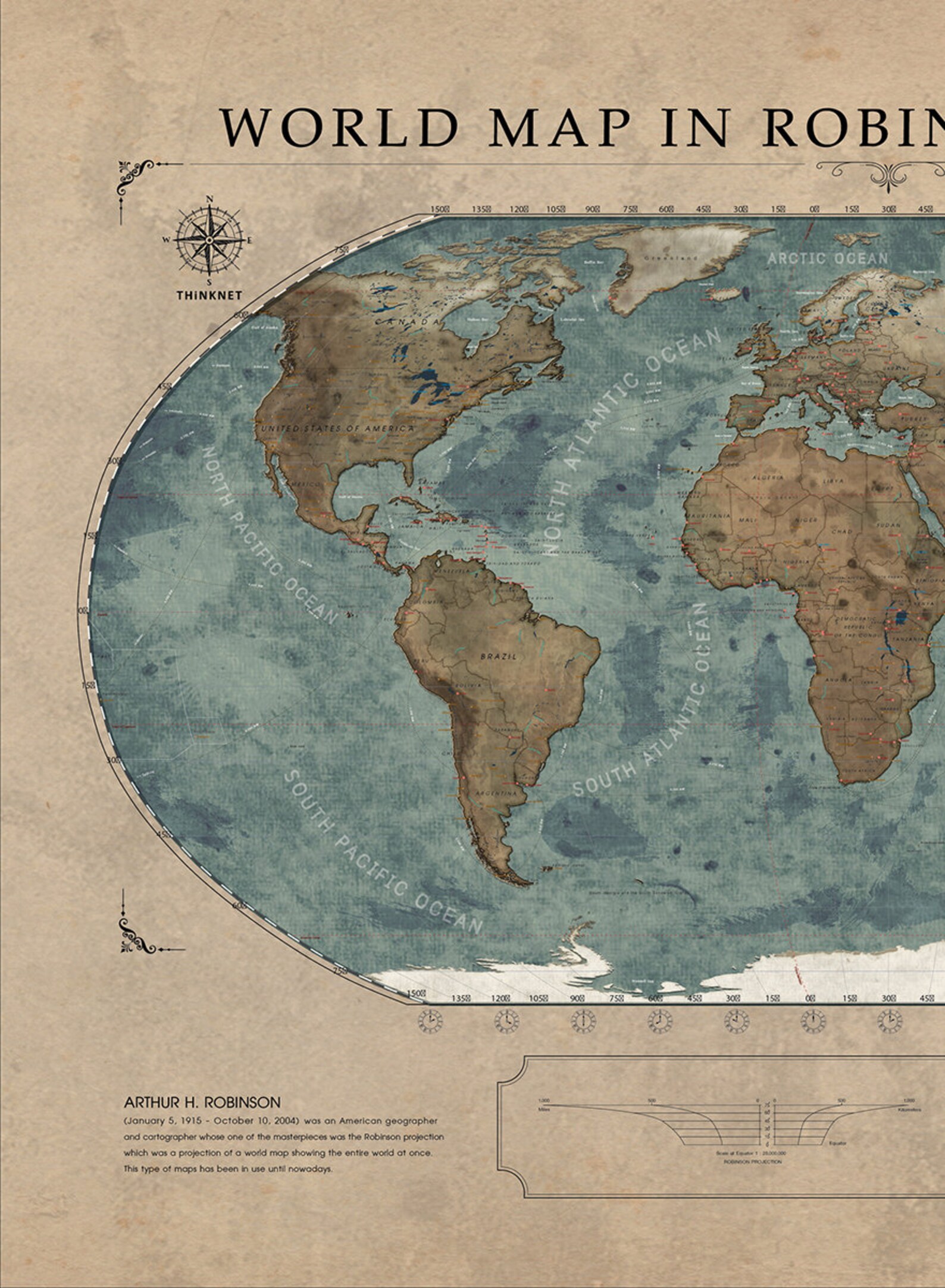 Classic World Map: Robinson Projection Decor Roll-up Canvas - Etsy 日本