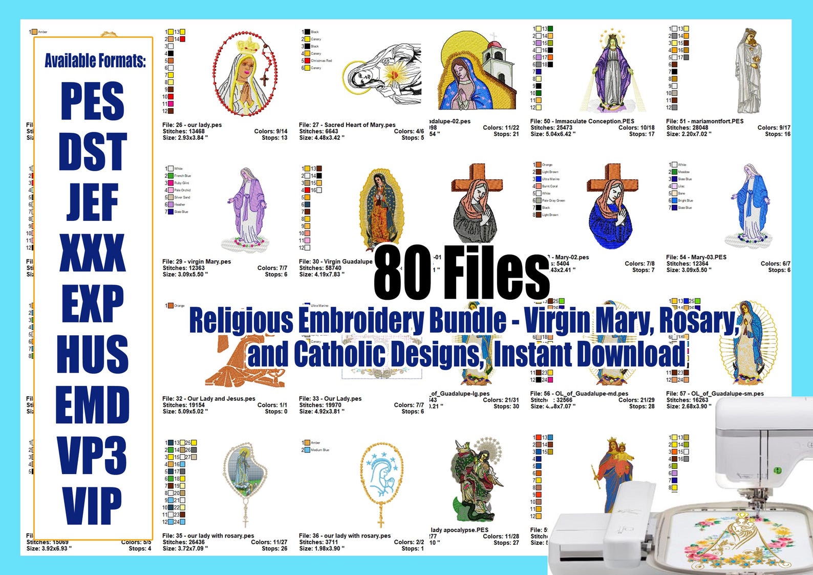 Religious Embroidery Bundle - 80 Embroidery Files, Virgin Mary, Rosary ...