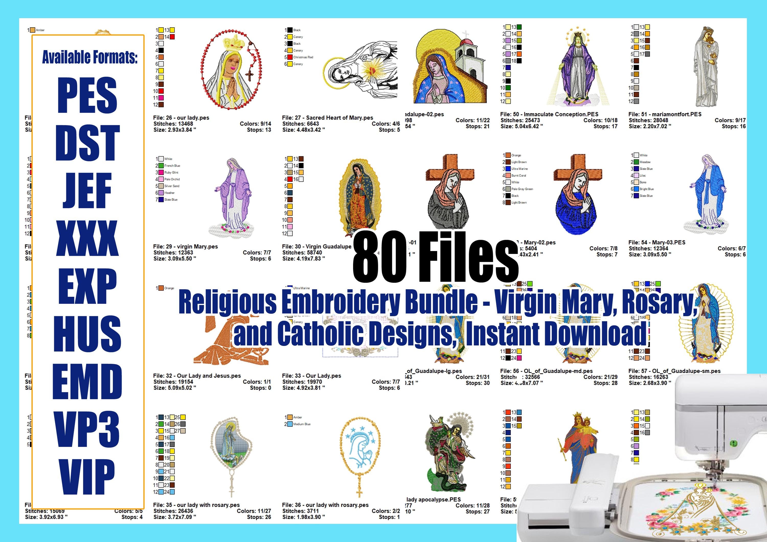 Religious Embroidery Bundle - 80 Embroidery Files, Virgin Mary, Rosary ...