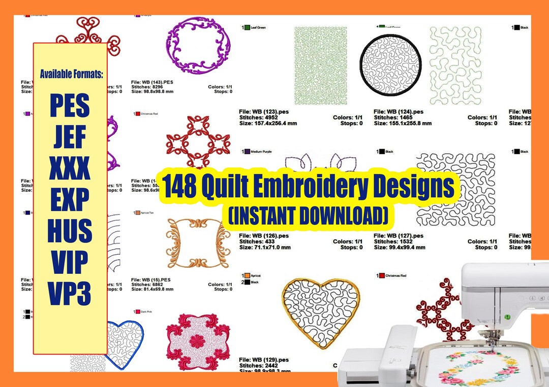 148 Quilt Embroidery Designs, Embroidery Pattern, Formats Pes, Jef, Xxx ...