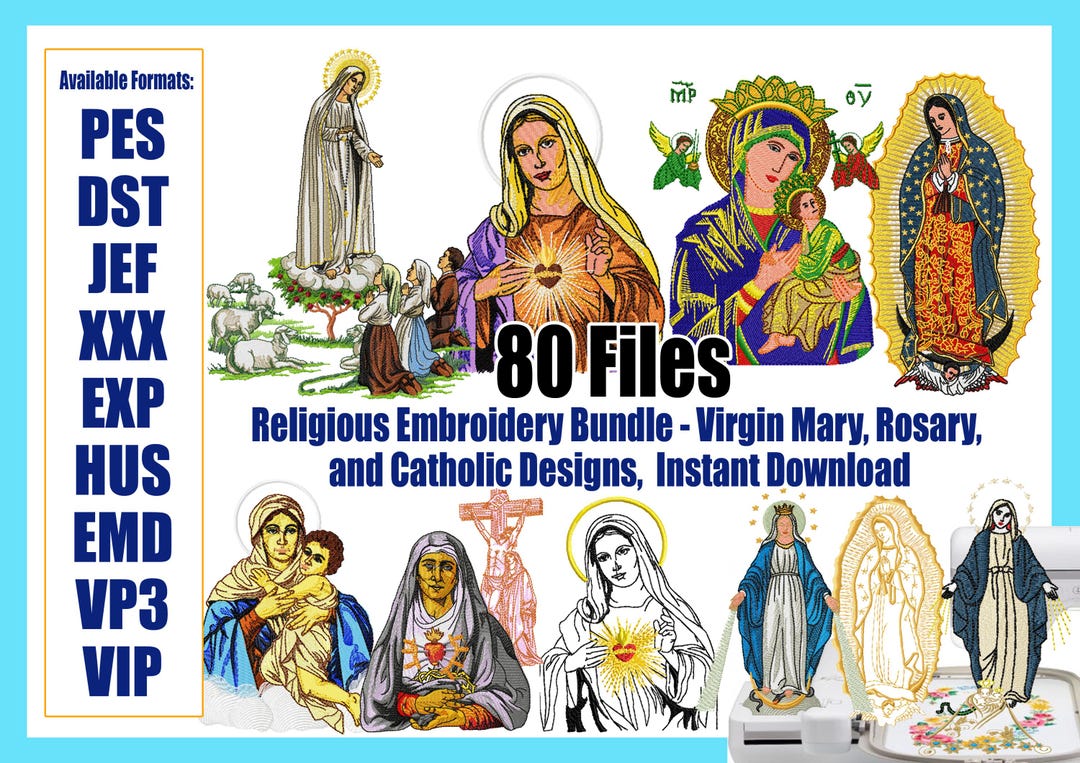 Religious Embroidery Bundle - 80 Embroidery Files, Virgin Mary, Rosary ...