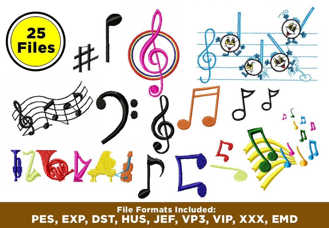 25 Designs, Note Embroidery Design, Music Note Embroidery, Embroidery ...