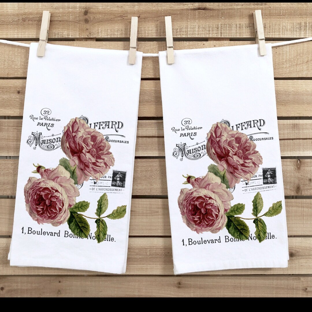 French Country, Pink Roses, Hand Towels, Set of 2 or 4, Kitchen or ...