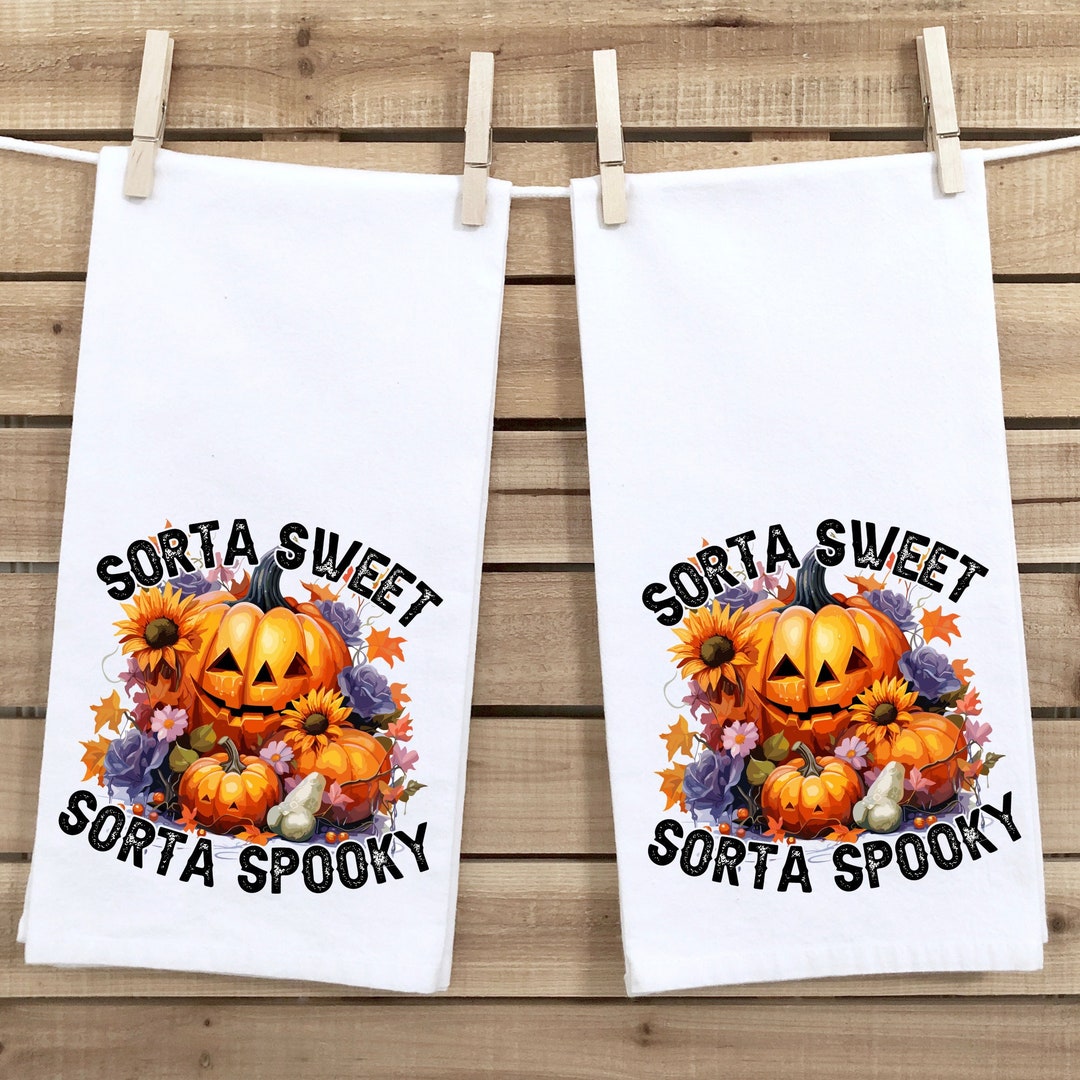 Spooky Tea Towels, Set of Two, Sarcastic Pumpkin Design, Orange, Purple ...