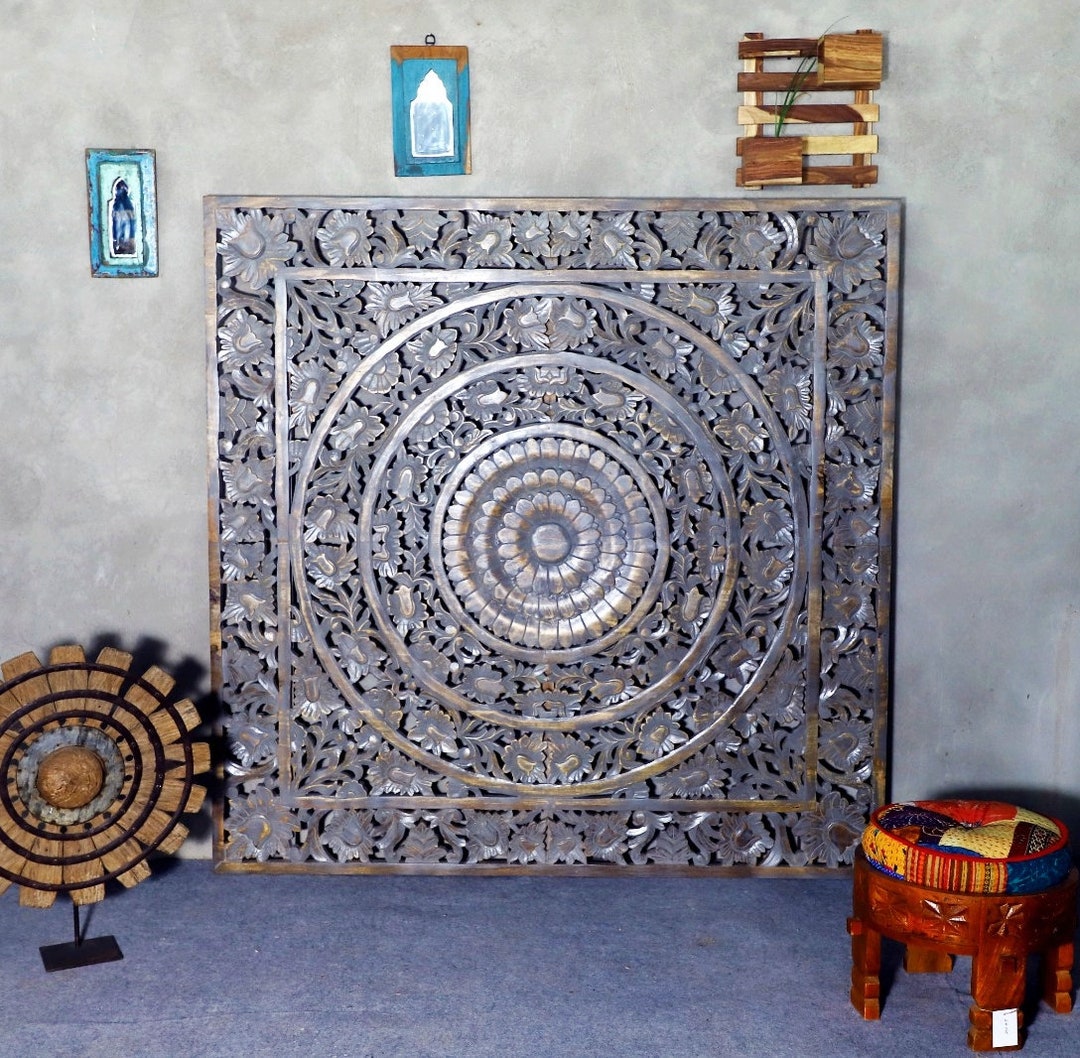 Rustic Wall Panel , Boho Hand Carved Floral Design Wall Hanging, Indian ...